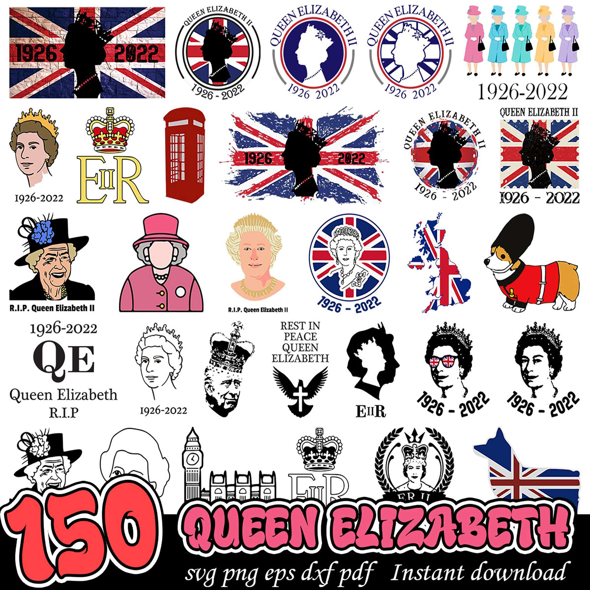 150 Queen Elizabeth II SVG PNG Bundle – svgpan
