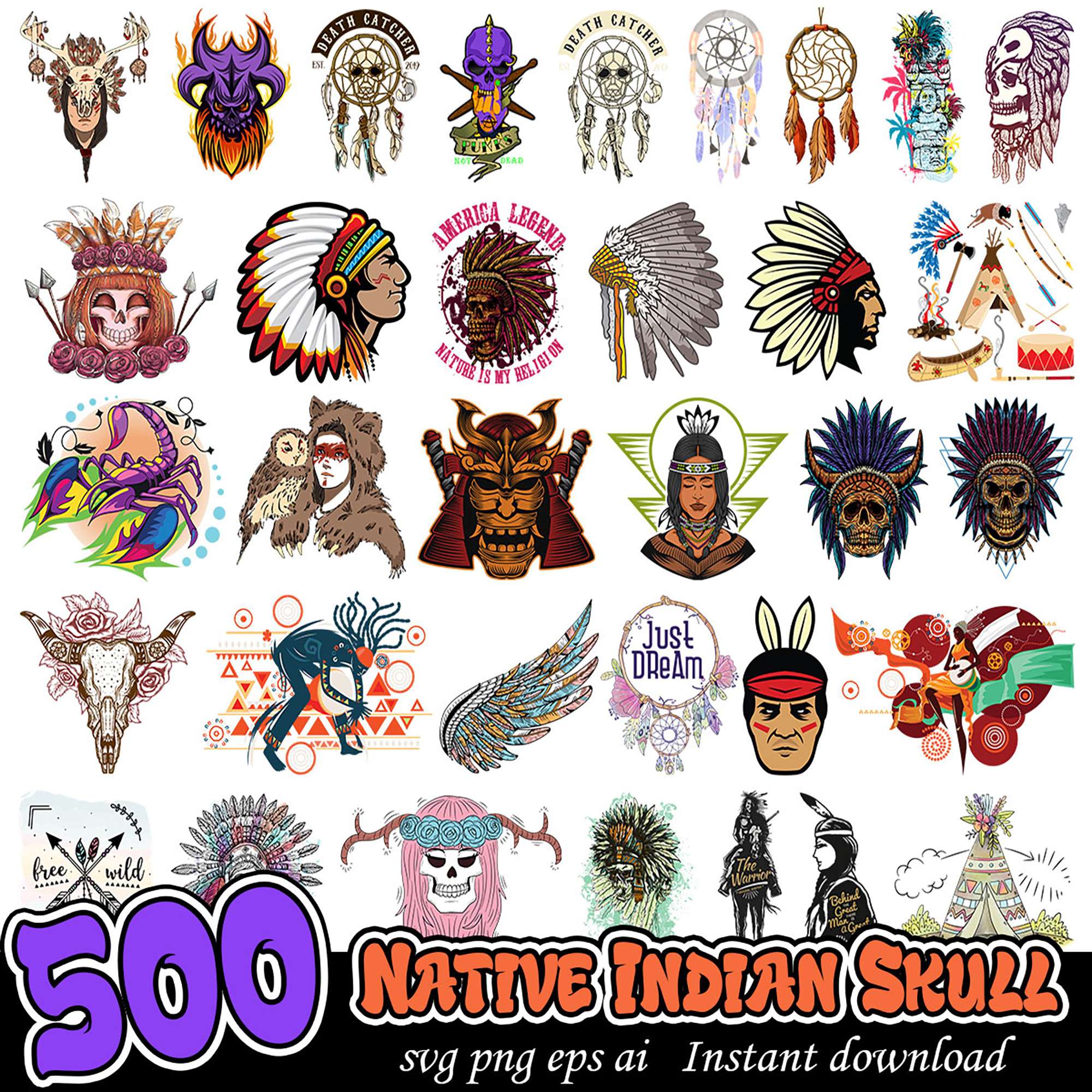 500 Native Indian Skull SVG Bundle – svgpan