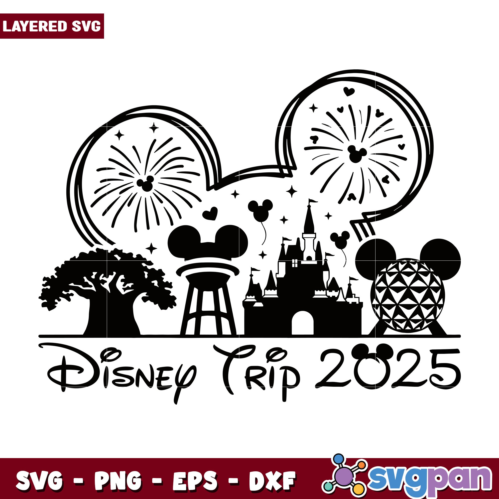 Disney Trip 2025 SVG Design with Iconic Landmarks and Fireworks – svgpan