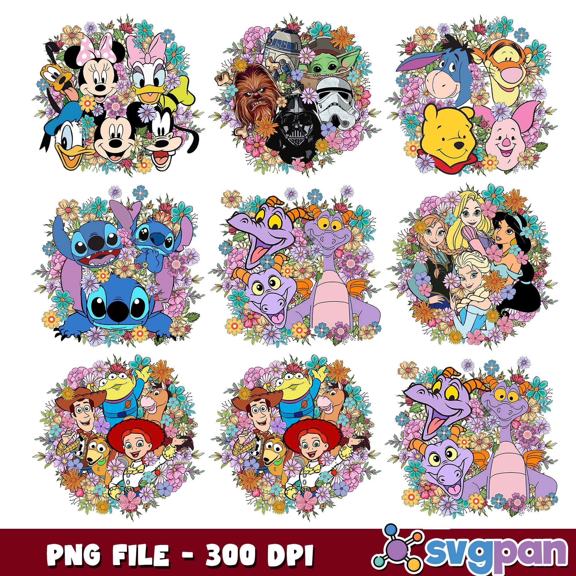 Floral disney design png bundle, disney characters png, disney world p ...