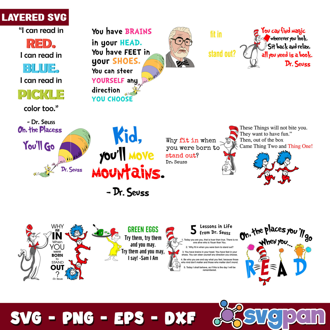 Layered SVG Bundle with Inspirational Dr Seuss Quotes – svgpan