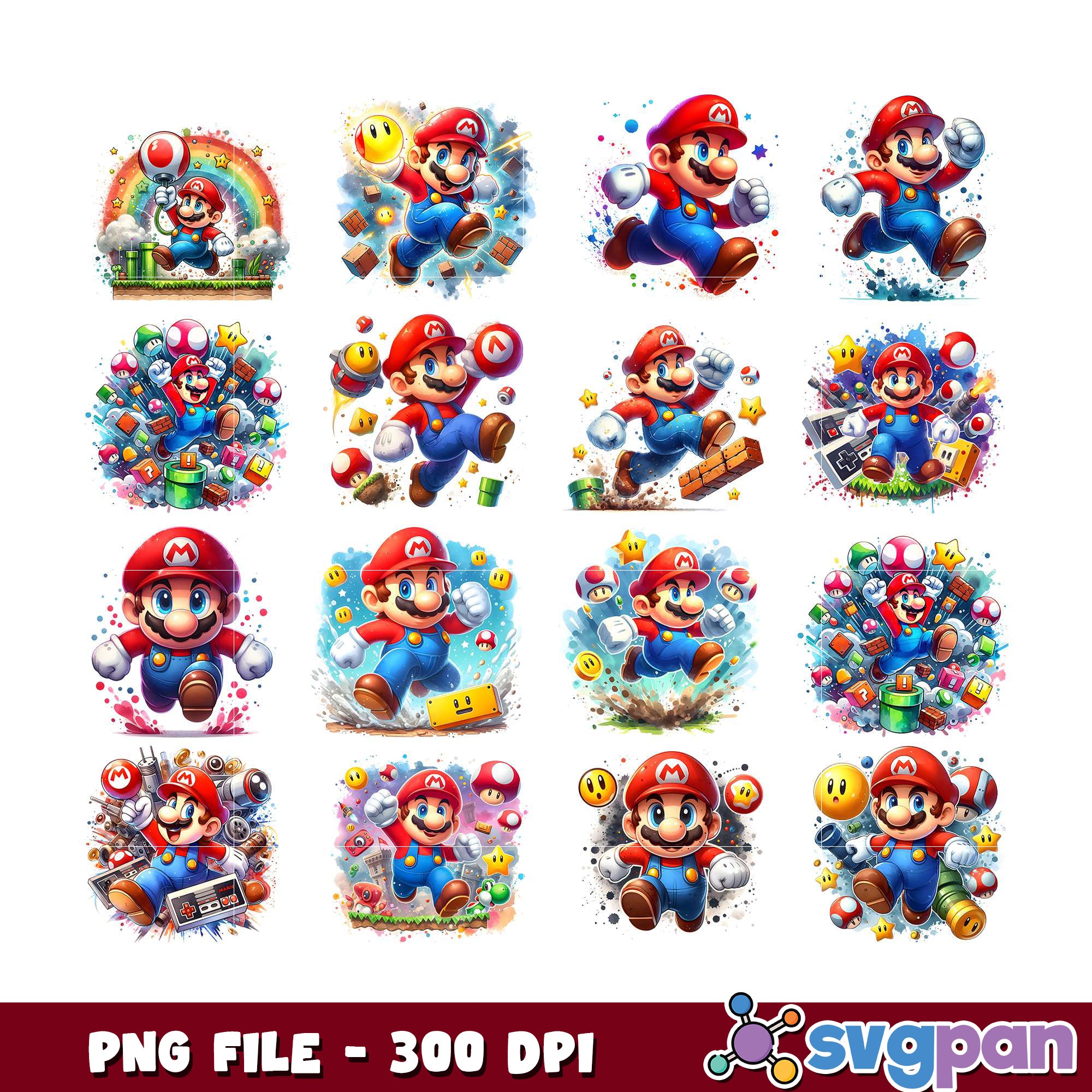 Option 1 (Focus on quantity) 12 Watercolor Mario PNGs 300 DPI Bundle ...