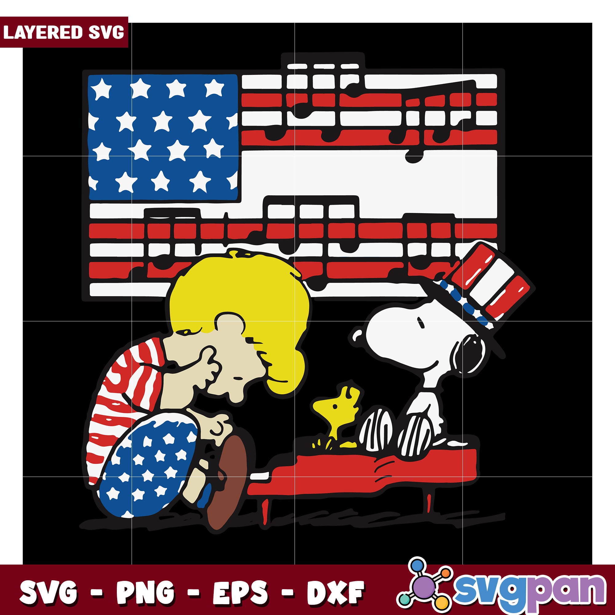 Peanuts characters playing music, layered SVG design for crafting – svgpan