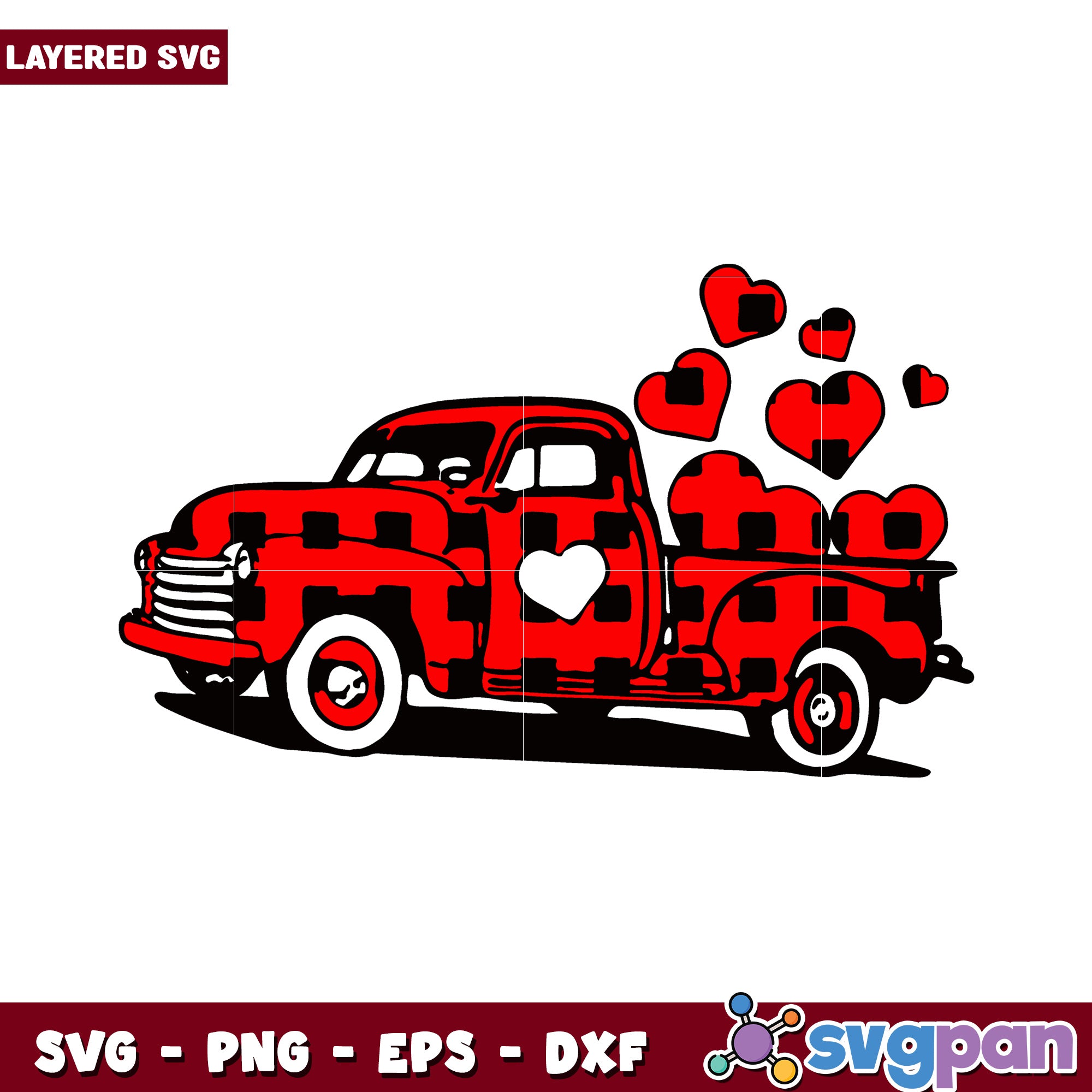 Red Truck SVG Design with Hearts, Perfect for Valentine Decor – svgpan
